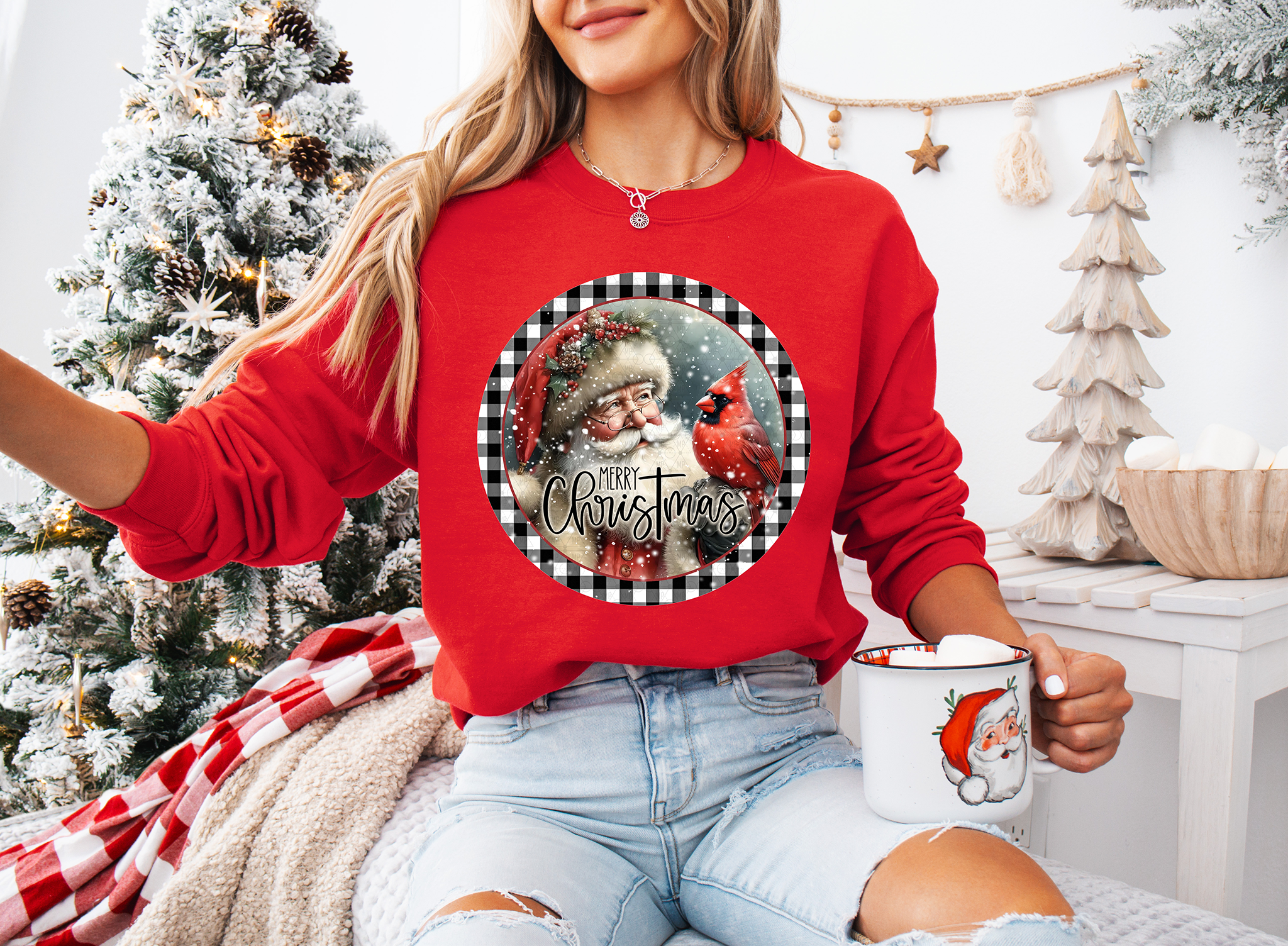 Checkered Circle Santa with Cardinal – Mayberry Prints